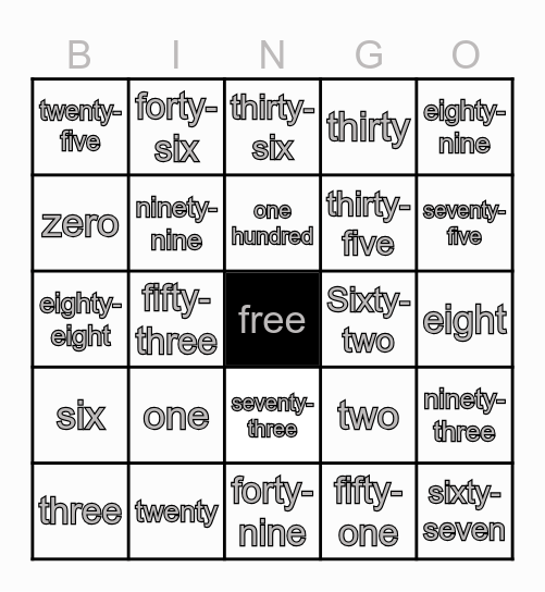 Word Numbers Bingo Card