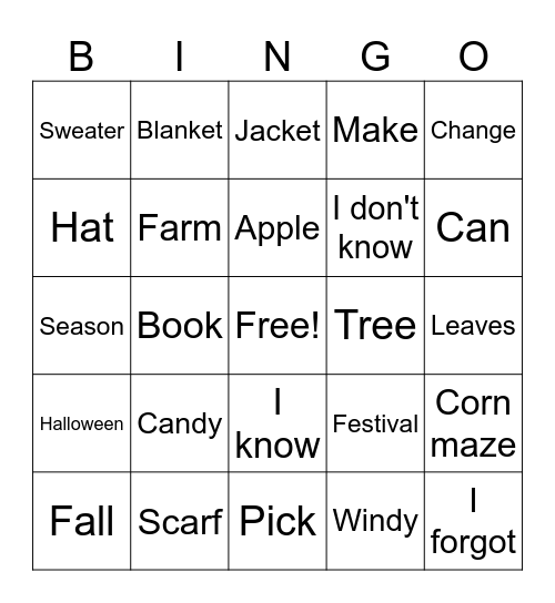 Fall Vocab + Verbs Bingo Card