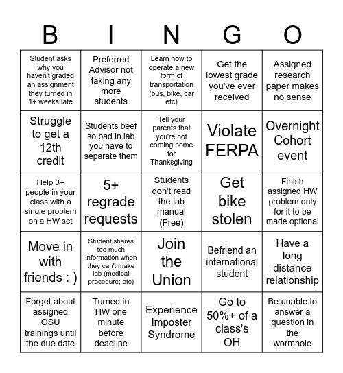 OSU Grad Student BINGO Card