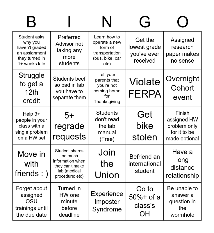 OSU Grad Student BINGO Card
