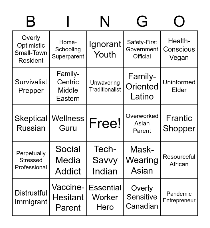 Stereotype Bingo Card