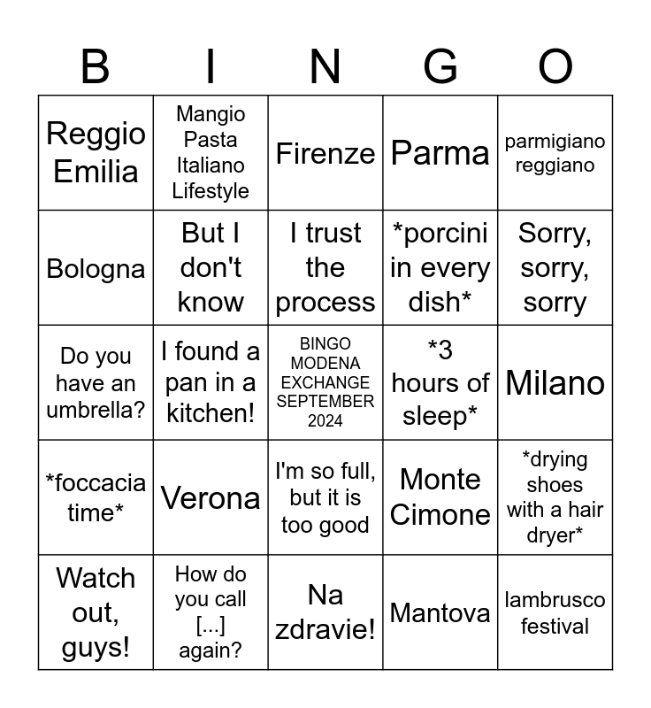 Modena Exchange '24 Bingo Chart Bingo Card