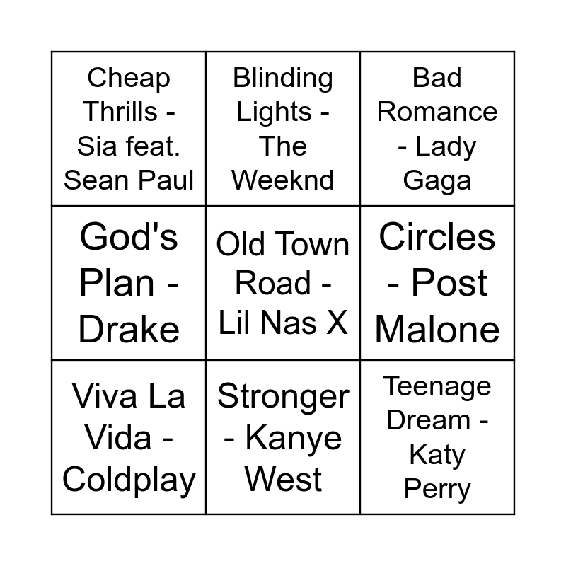 Billboard 100 Musikbanko Bingo Card