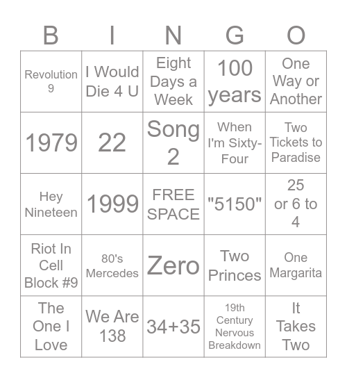 Music Bingo #56 Number Bingo Card