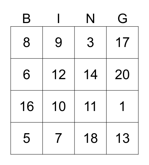Numbers 1-20 Bingo Card