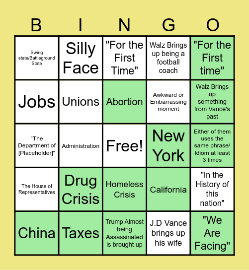 Vice Presidential Debate Bingo Card