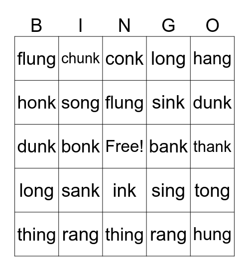 /ng/ + /nk/ word list Bingo Card