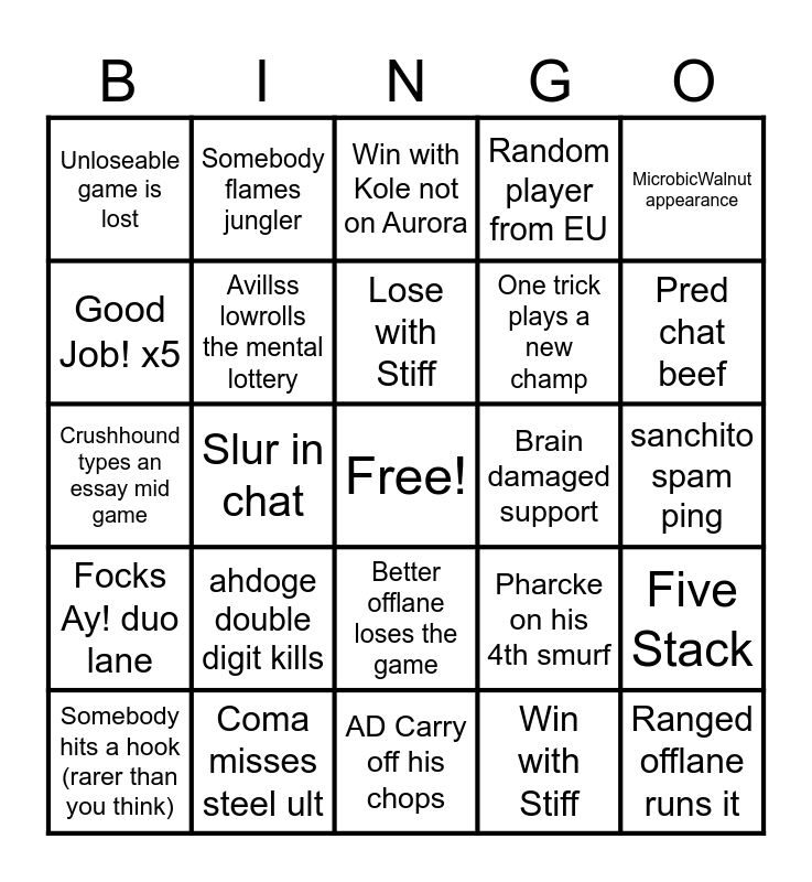 SEA Queues Bingo Card
