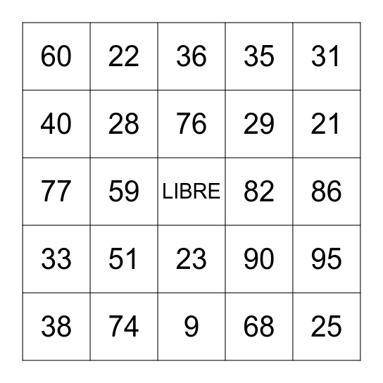Les nombres Bingo Card