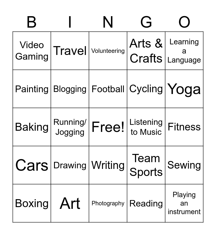 Hobbies and interests bingo card Bingo Card