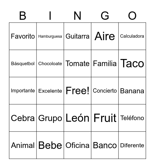 Spanish Cognates Bingo Card