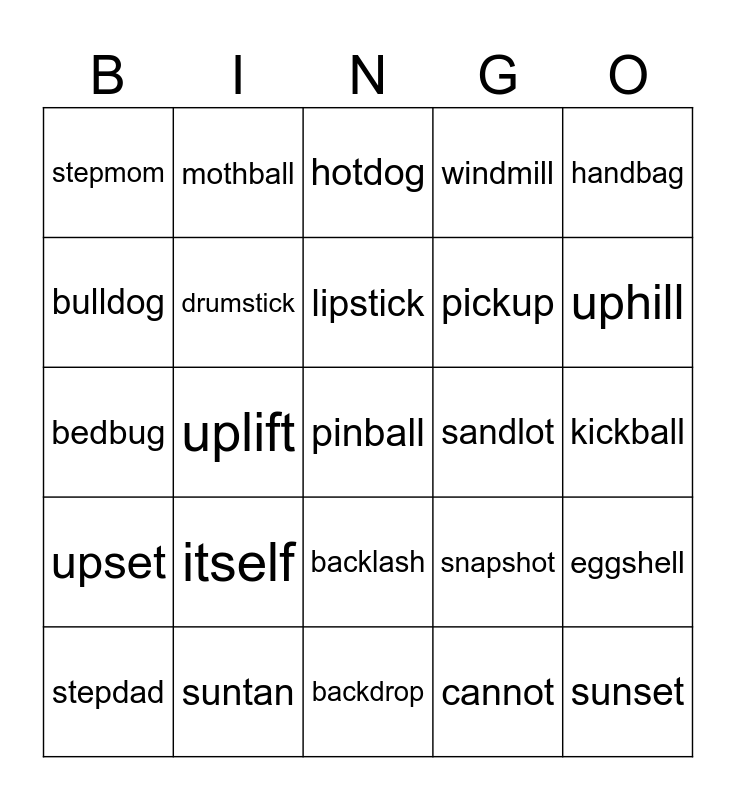 Lesson 67a: compound words Bingo Card