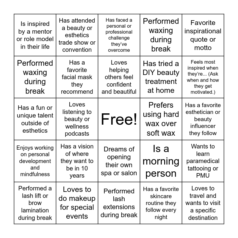 Glow Up Bingo Card