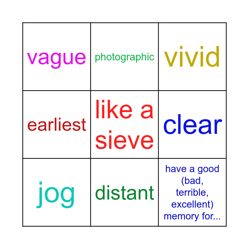 Memory Bingo Card