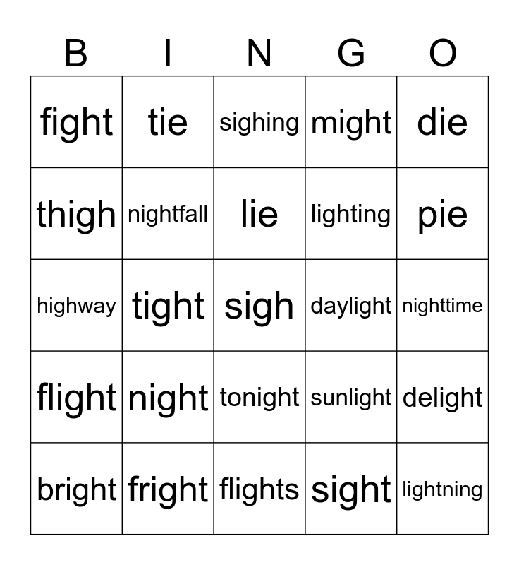Lesson 87: ie, igh /i/ Bingo Card