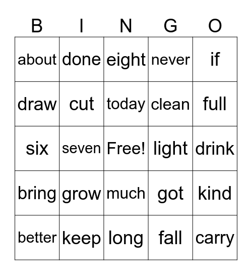 Sight Word Bingo Card