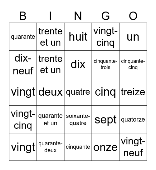 Les nombres 30-60 Bingo Card