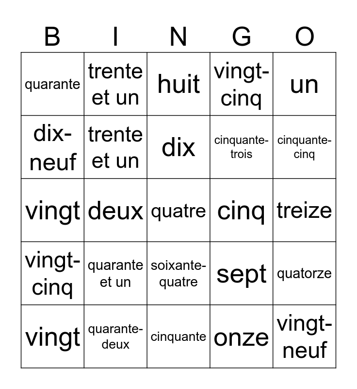Les nombres 30-60 Bingo Card