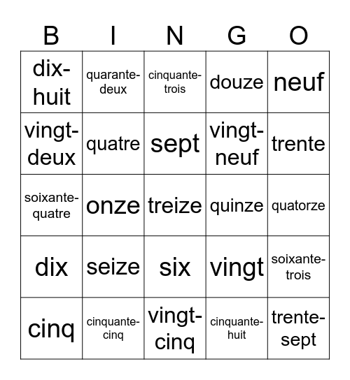 Les nombres 30-60 Bingo Card
