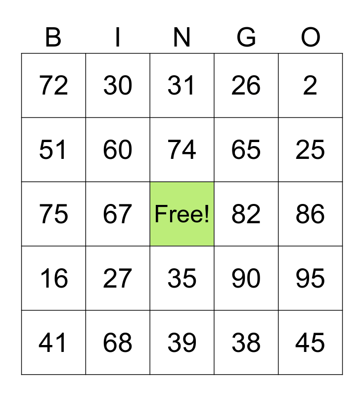 Numbers Bingo Card