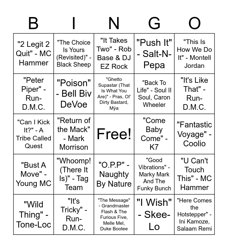 80s/90s Old School Hip Hop Music Bingo Round #1 Bingo Card