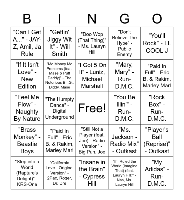 80s/90s Old School Hip Hop Music Bingo Round #2 Bingo Card