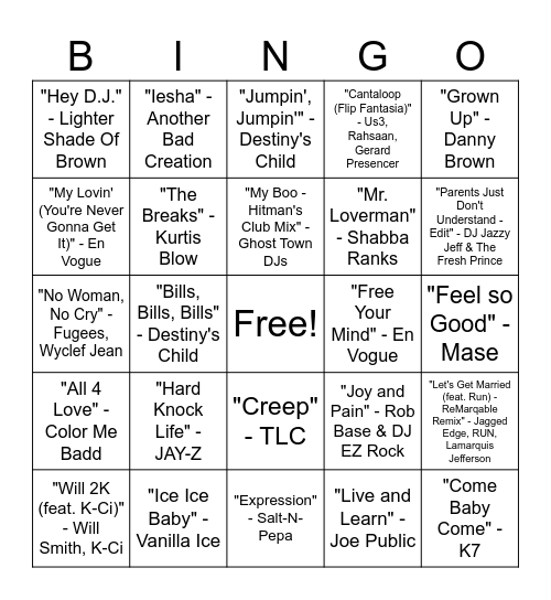 80s/90s Old School Hip Hop Music Bingo Round #4 Bingo Card