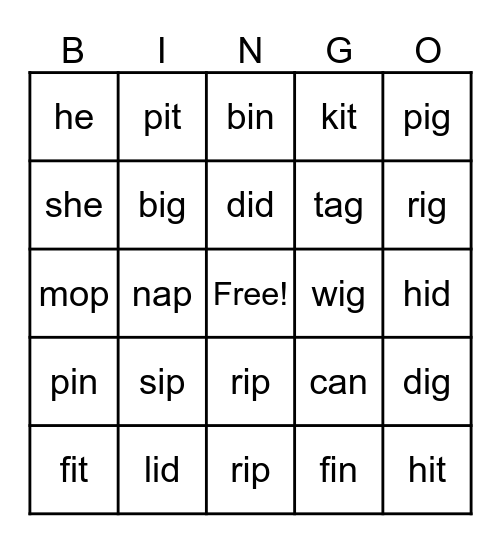 Short i Words Bingo Card