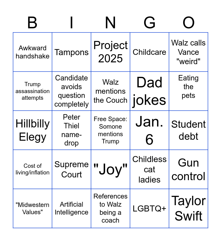 2024 Vice Presidential Debate Bingo Card