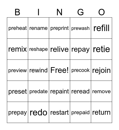 Lesson 104: pre-, re- Bingo Card