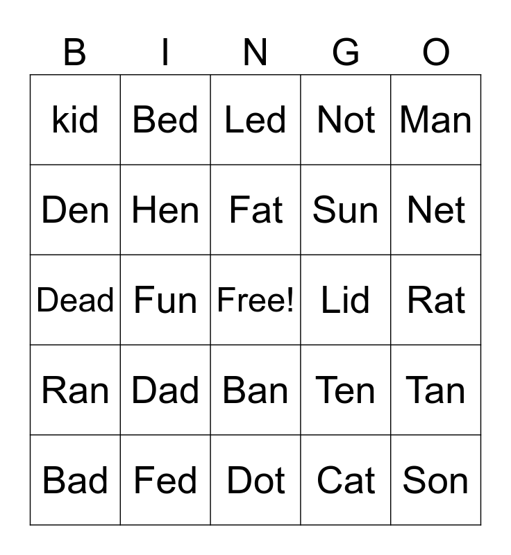 Short vowels Bingo Card