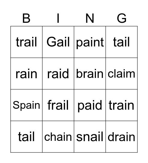 Ryann - Vowel Team ai Bingo Card
