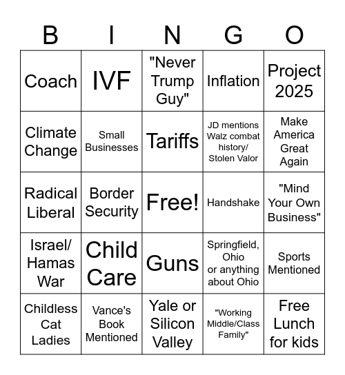 VP Debate Bingo Card