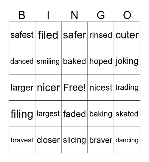 Lesson 109: drop -e Bingo Card