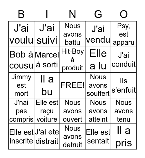 Passé composé et Imparfait Bingo Bingo Card