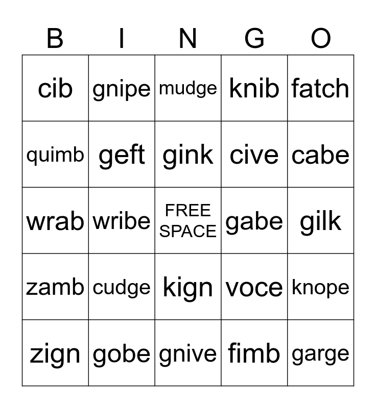 Skill 9 Nonsense Words Bingo Card