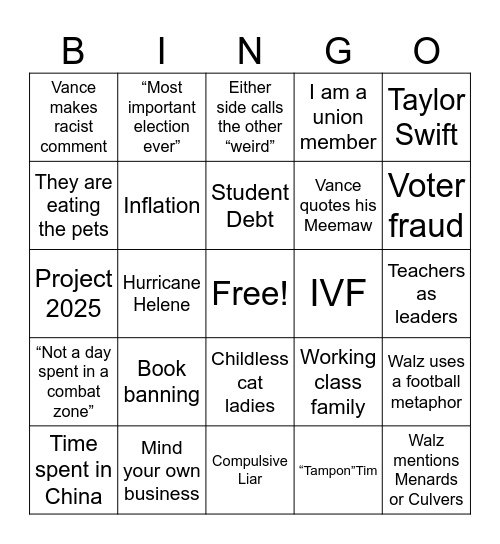Vice Presidential Debate Bingo Card