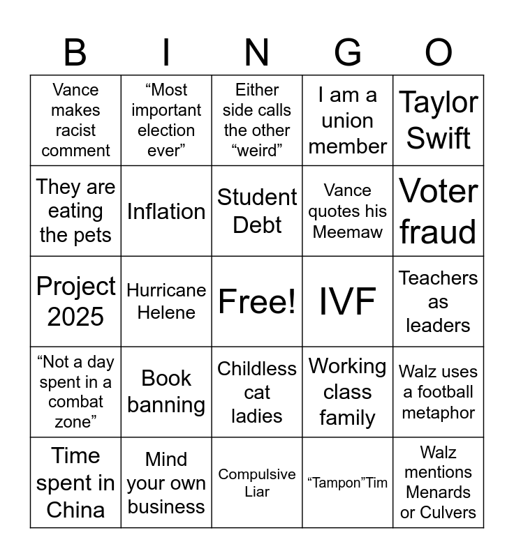 Vice Presidential Debate Bingo Card
