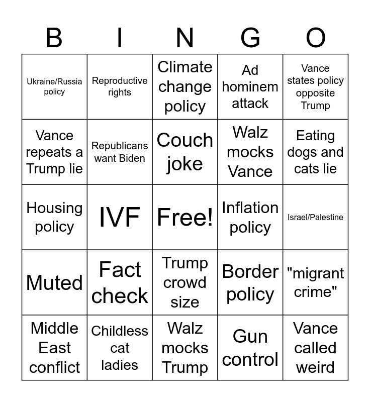 Vice President Debate Bingo Card