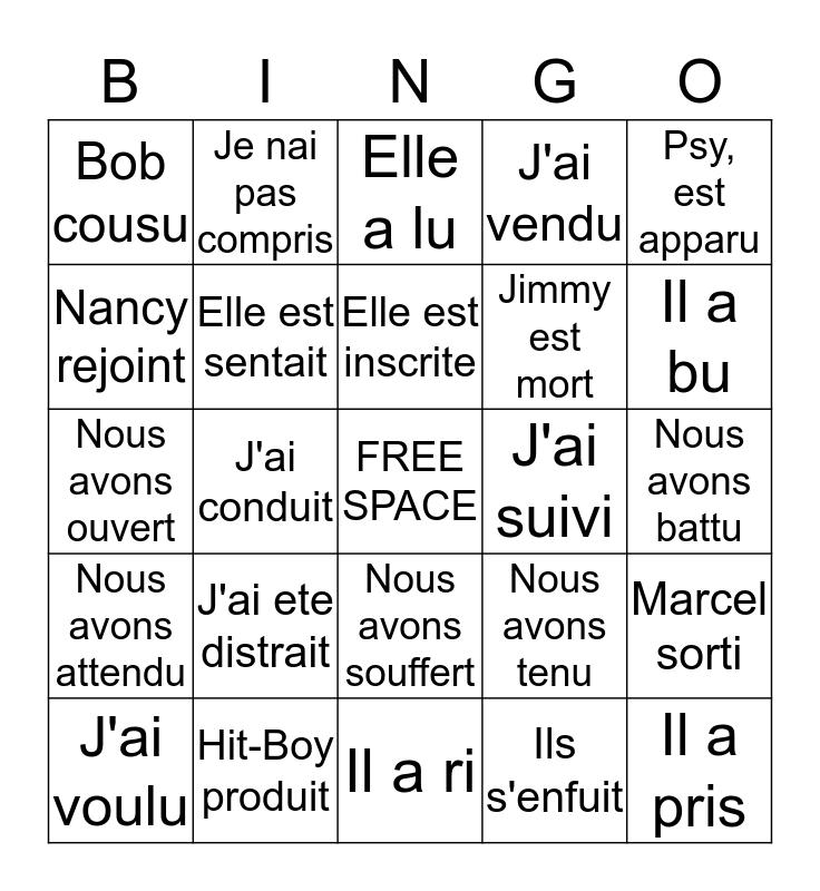 Passé composé et Imparfait Bingo Card