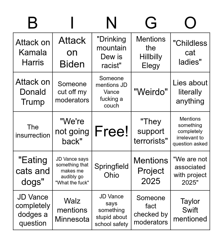 Vice Presidental Debate bingo Card