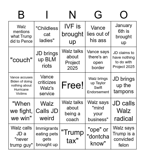 VP Debate Bingo Card