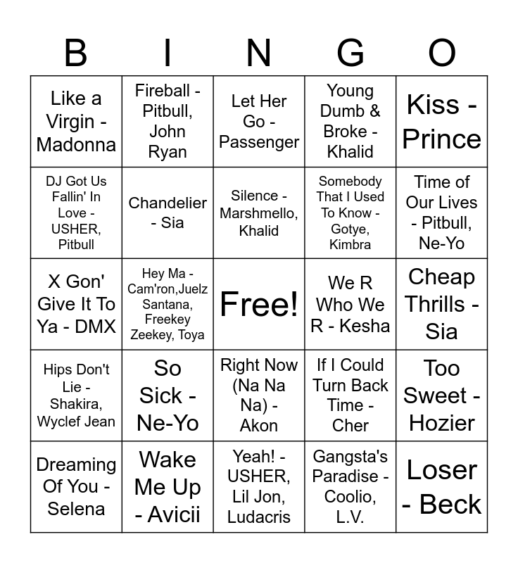 Artists That Go By One Name (Double Bingo) Bingo Card