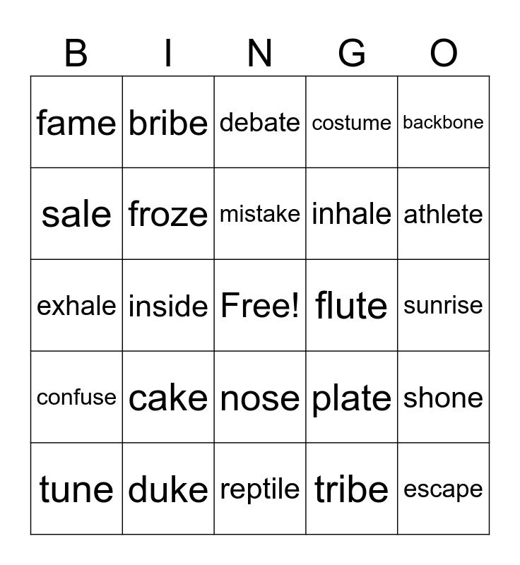 CVCe Words Bingo Card
