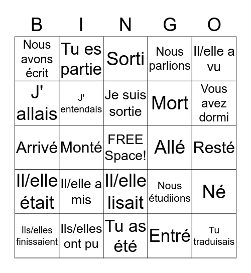 Passé Composé & Imparfait Bingo Card
