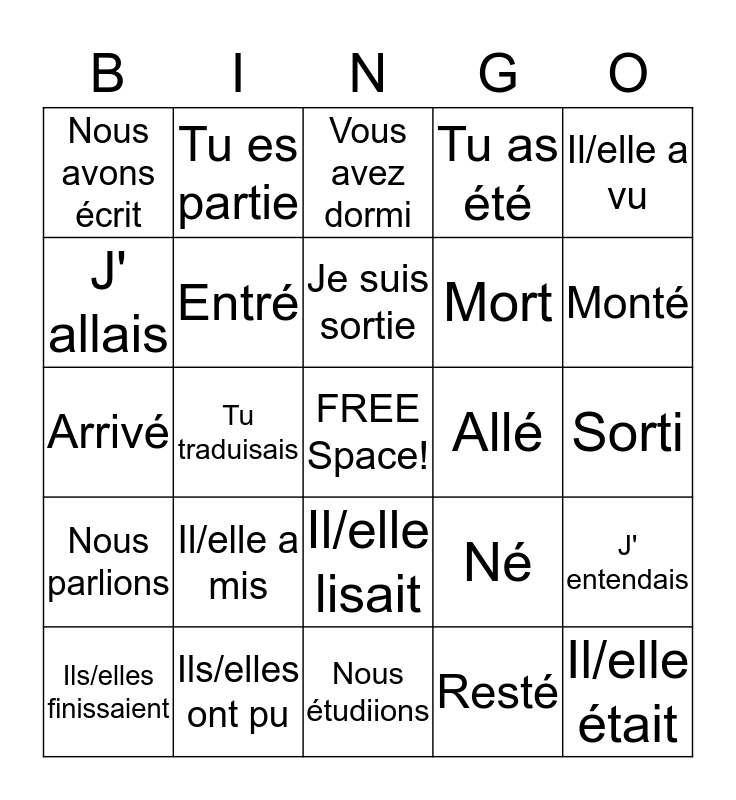 Passé Composé & Imparfait Bingo Card