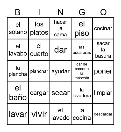 Rooms and Chores Bingo Card