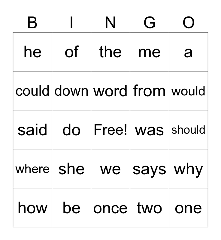 Tricky Word Bingo Card