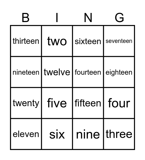 Numbers 1-20 Bingo Card