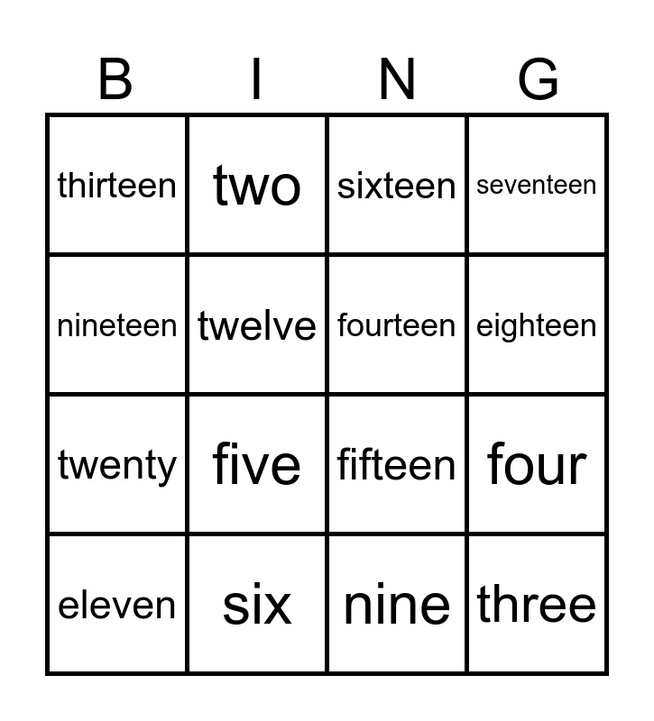 Numbers 1-20 Bingo Card